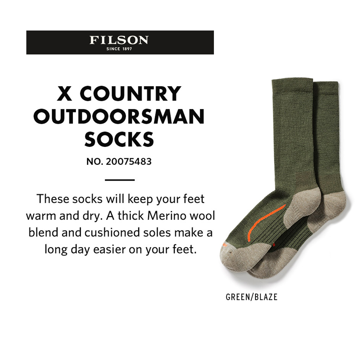 Filson X Country Outdoorsman Sock Green/Blaze, a moisture-wicking ...