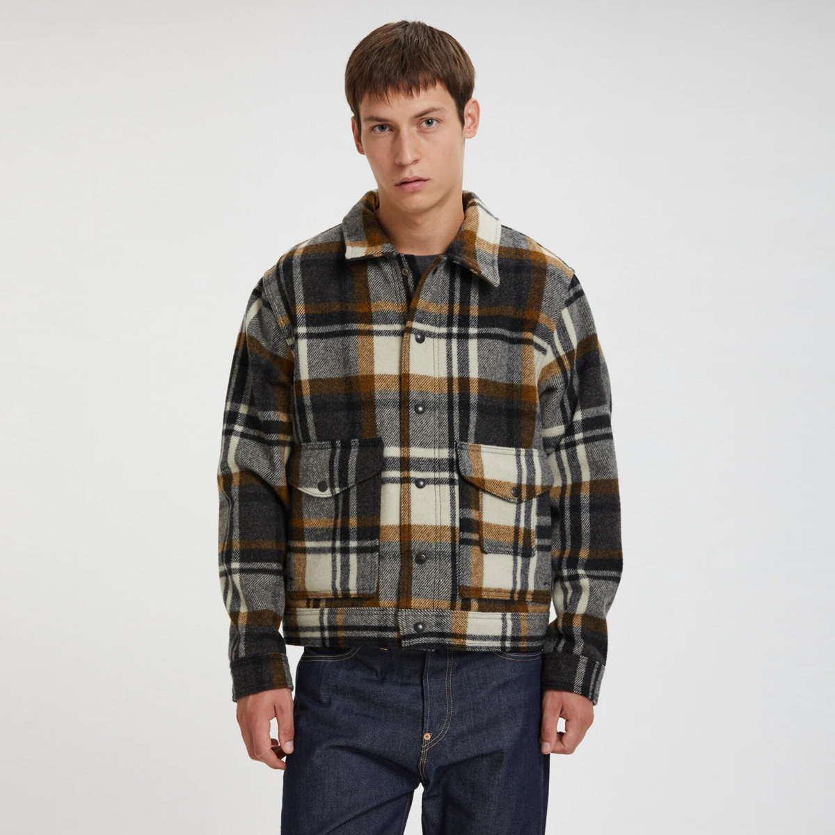 Filson Mackinaw Wool Work Jacket Blue Coal/Copper Heather, iconic Cruiser